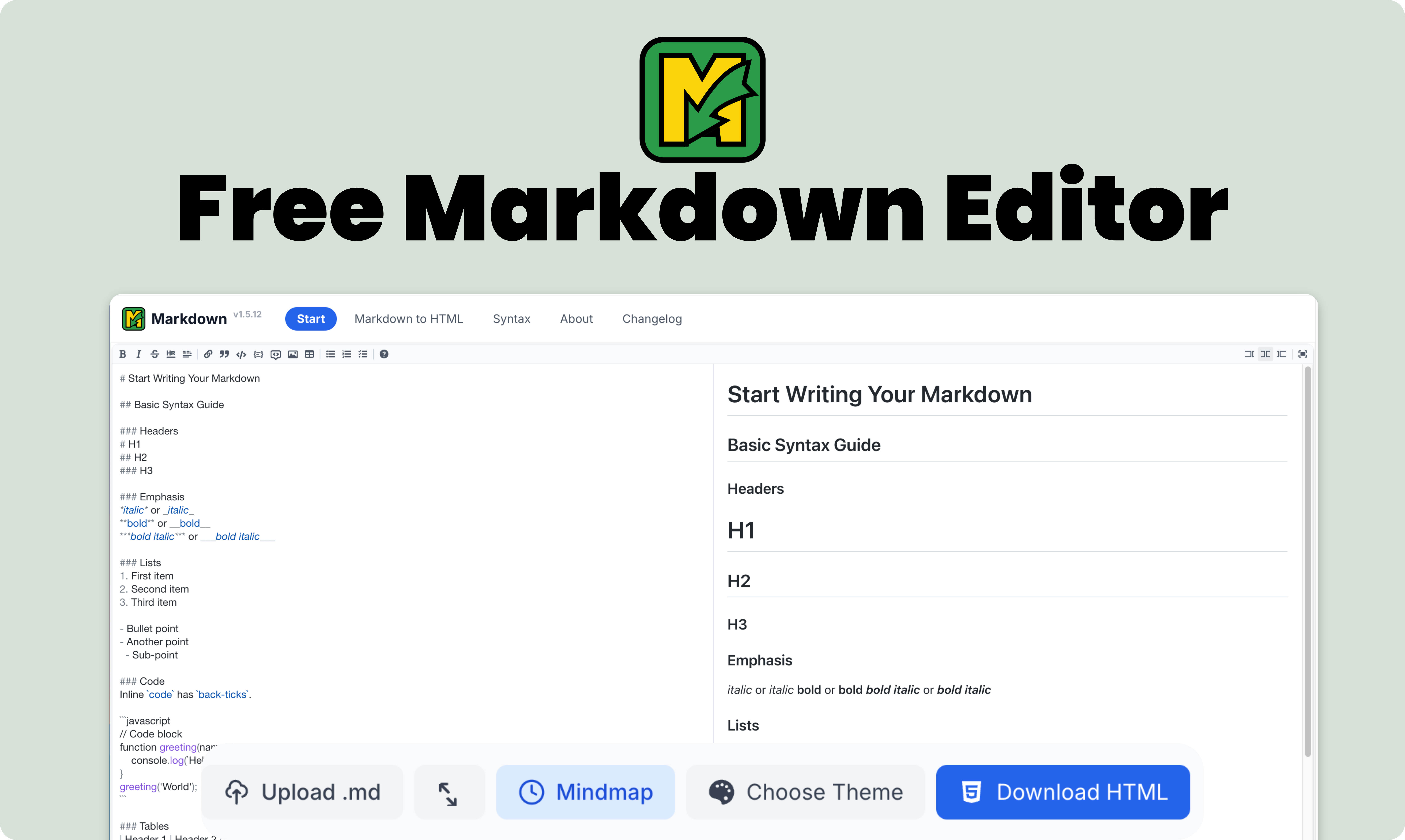 Free Markdown Editor - Mind/HTML conversion，Real-time preview,export to PNG/SVG/HTML.